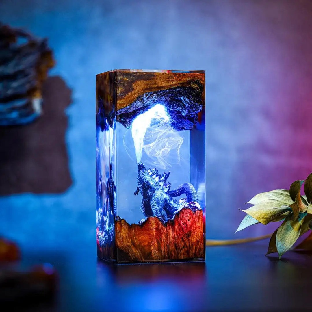 GODZILLA Monster Epoxy Resin Wood Lamp Night Light Unique Her Him Mom ...