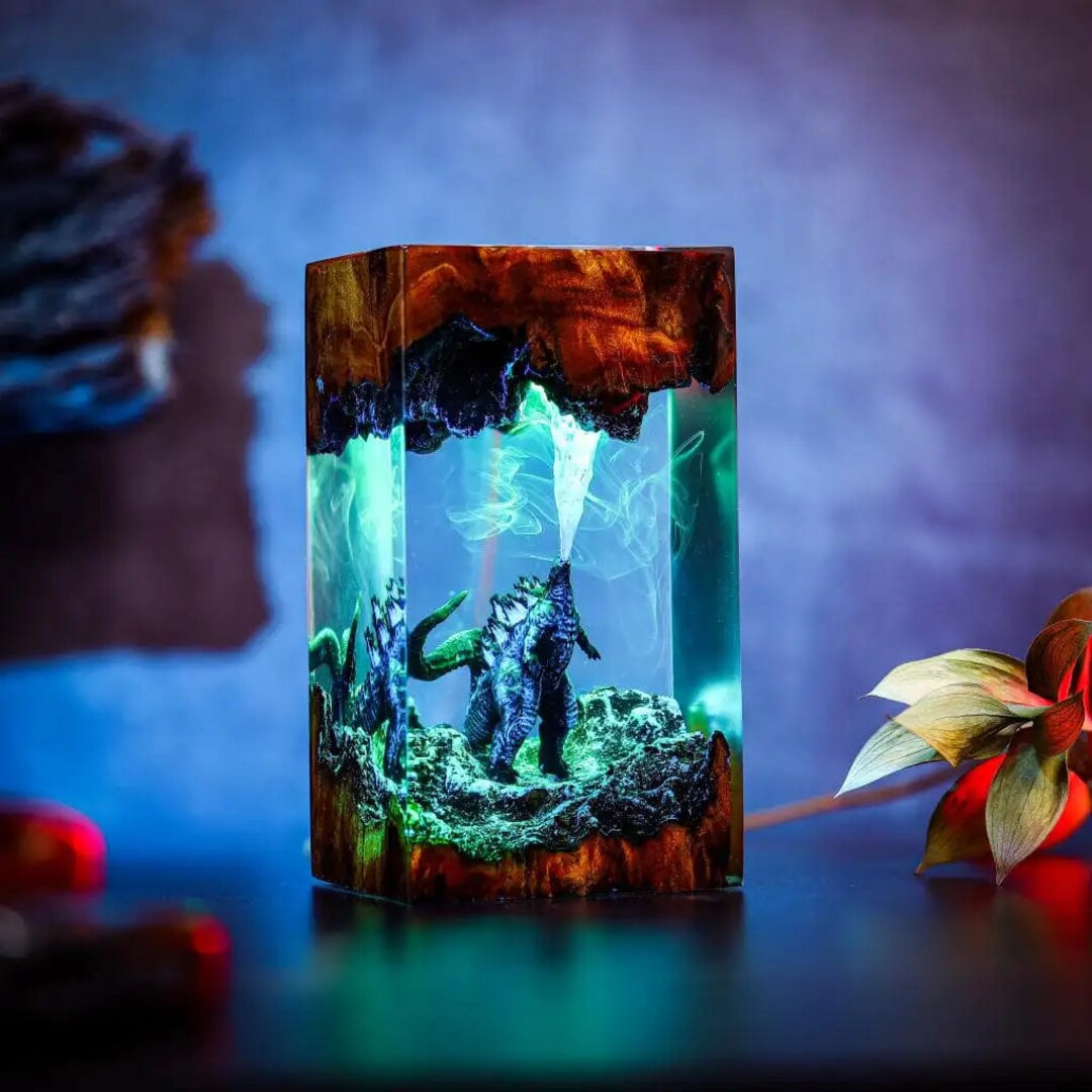 GODZILLA Monster Epoxy Resin Wood Lamp Night Light Unique Her Him Mom ...