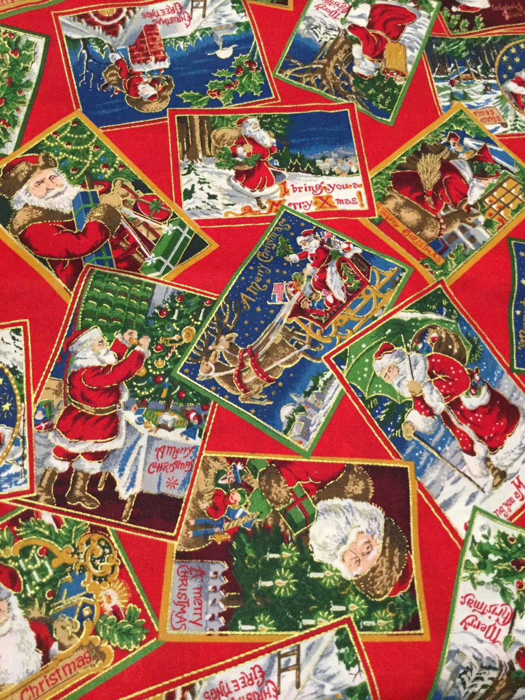 Vintage Style Christmas Postcard Fabric - Metallic Embossed - Santas ...