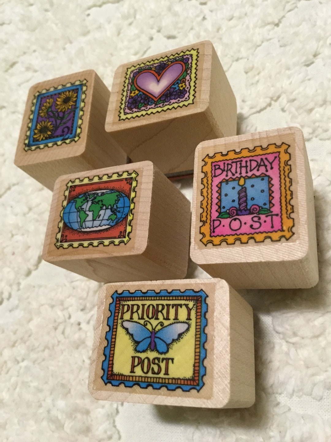 Lot of Fun Postage Stamp Wood Mounted Rubber Stamps 5 Different Designs ...