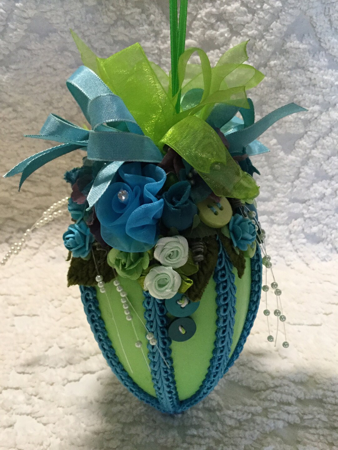 Handcrafted Upcycled and Altered Paper Mache Egg Decor Teal/lime Shabby ...