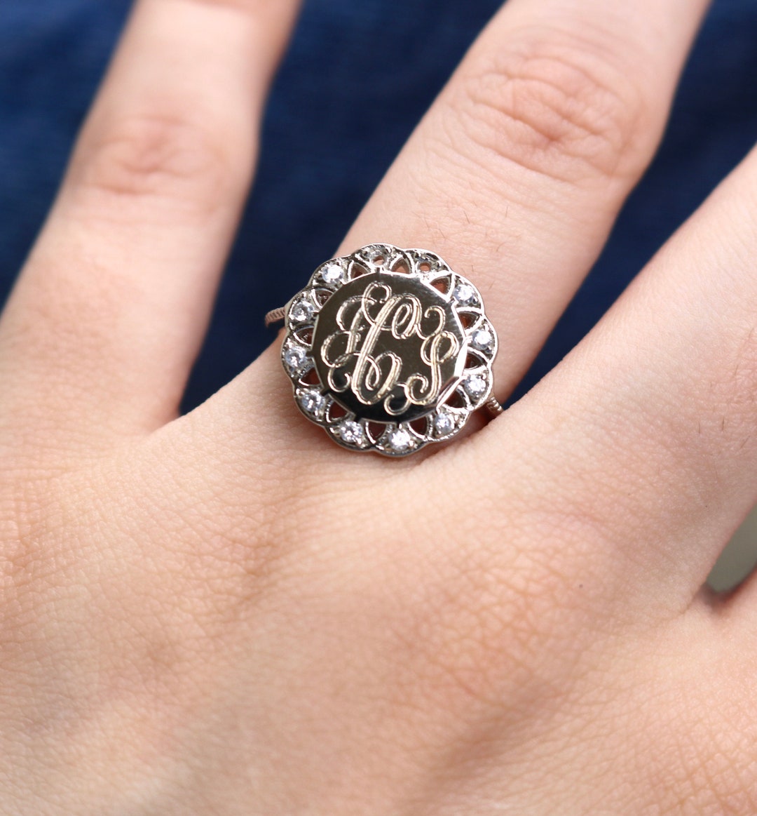 Sterling Silver Decorative Flower Engravable Ring With Beaded Band ...