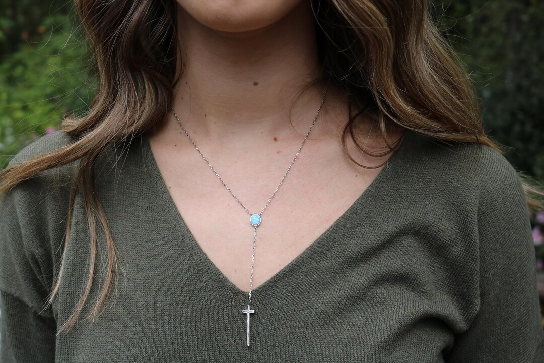 Opal Sterling Silver Cross Drop Down Necklace, Y Necklace, Dainty Cross ...