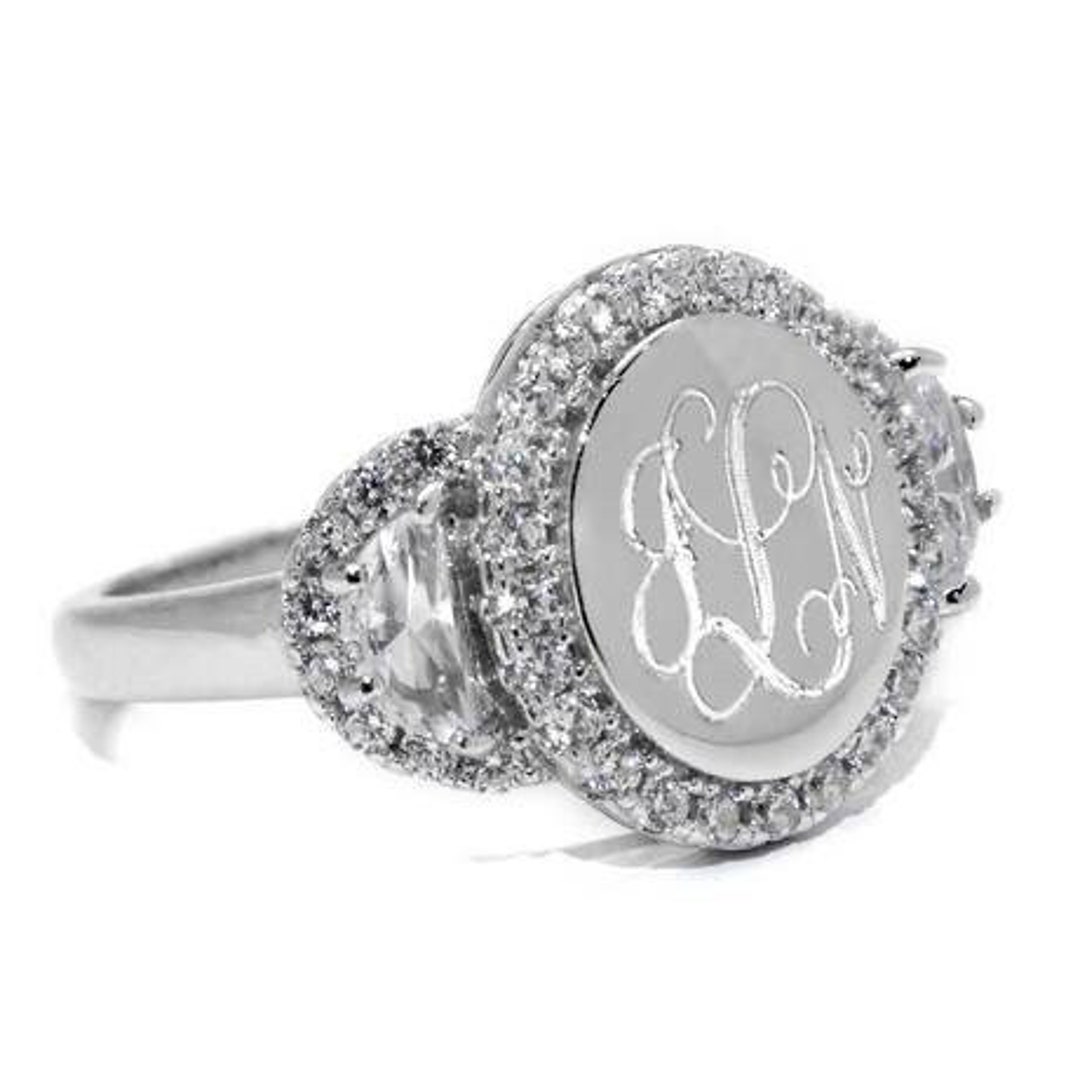 Sterling Silver Monogram Engravable Oval CZ Ring, Initials Ring - Etsy