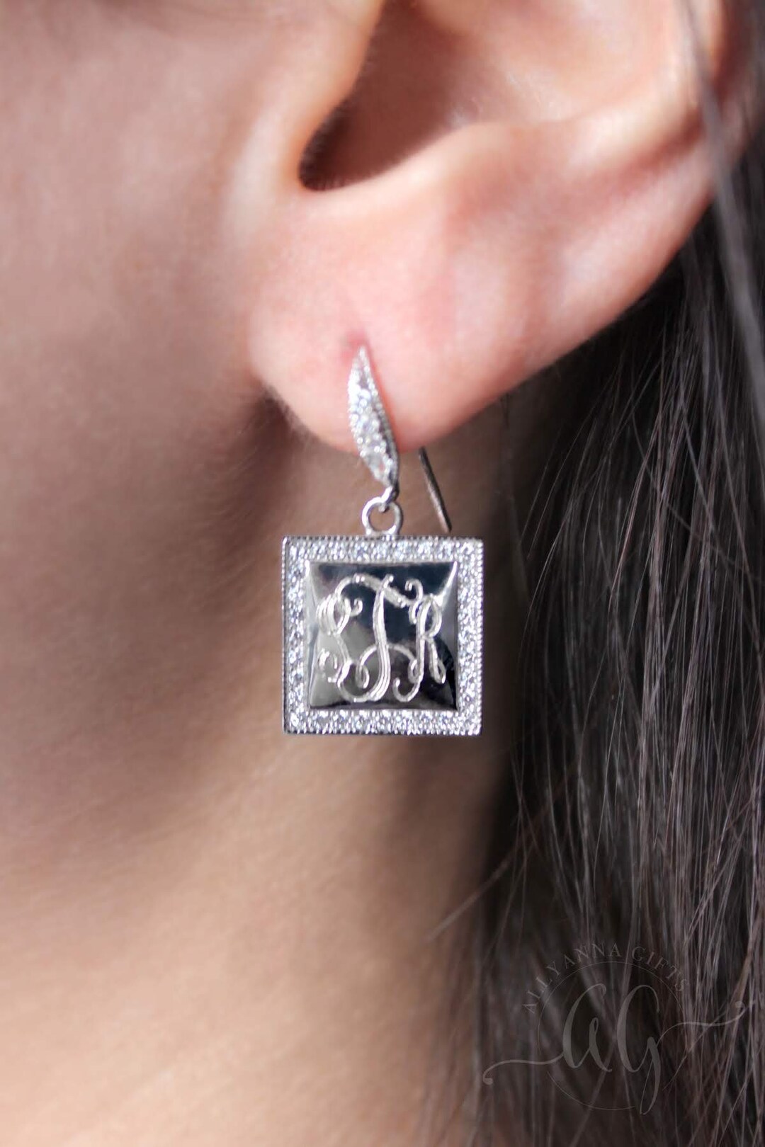 Sterling Silver Square Monogram Earrings, Square Monogram Earrings, Drop Down Initial Earrings ...