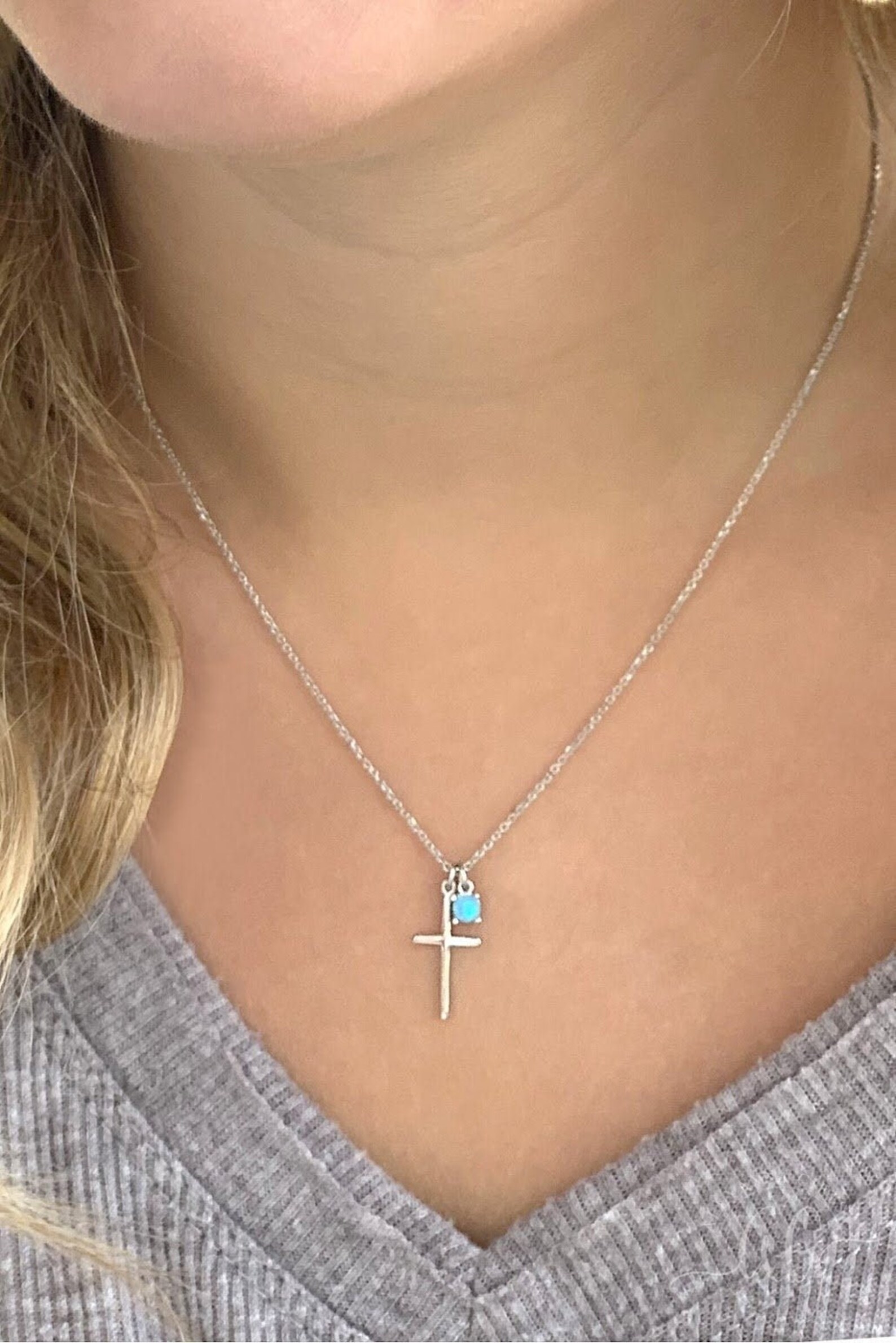 Sterling Silver Cross Necklace, Opal Cross Necklace, 925 Sterling ...