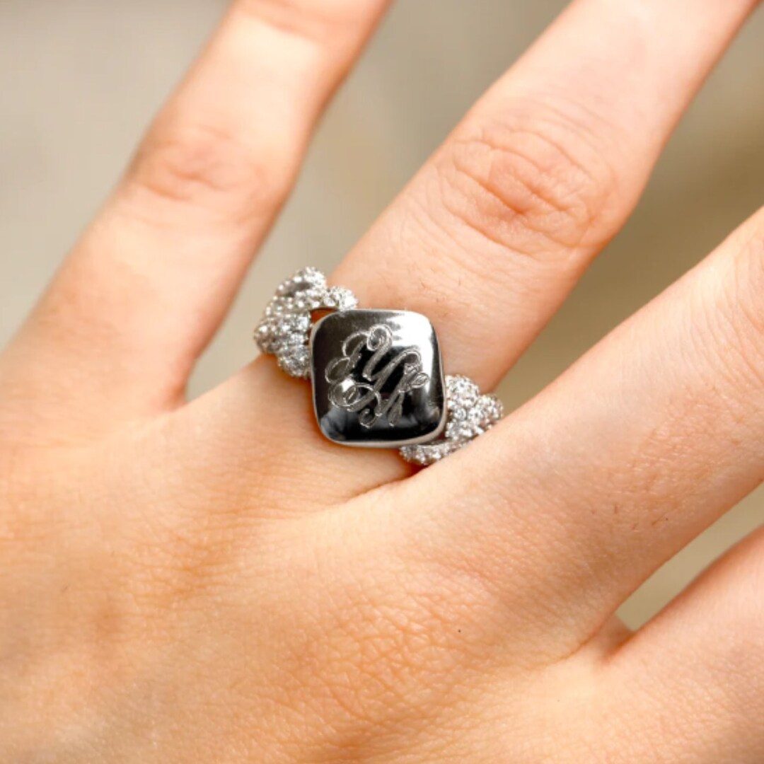 Sterling Silver Monogram Ring, Sterling Silver Engraved Raya Ring, CZ Band, Initial Ring ...