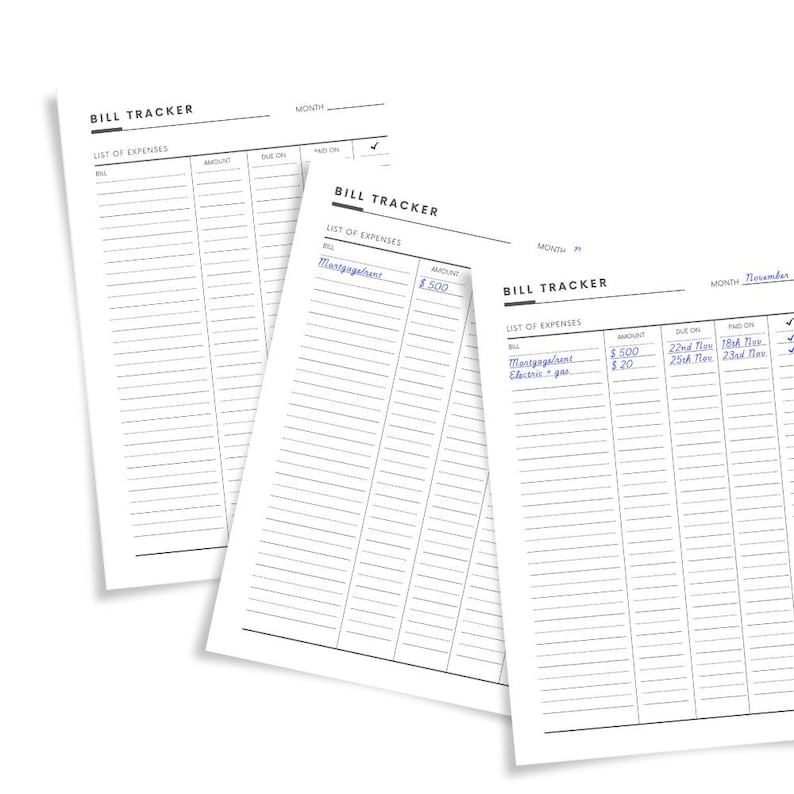 Minimalist Bill Payment Tracker Template | Black & White | A4-A6 ...