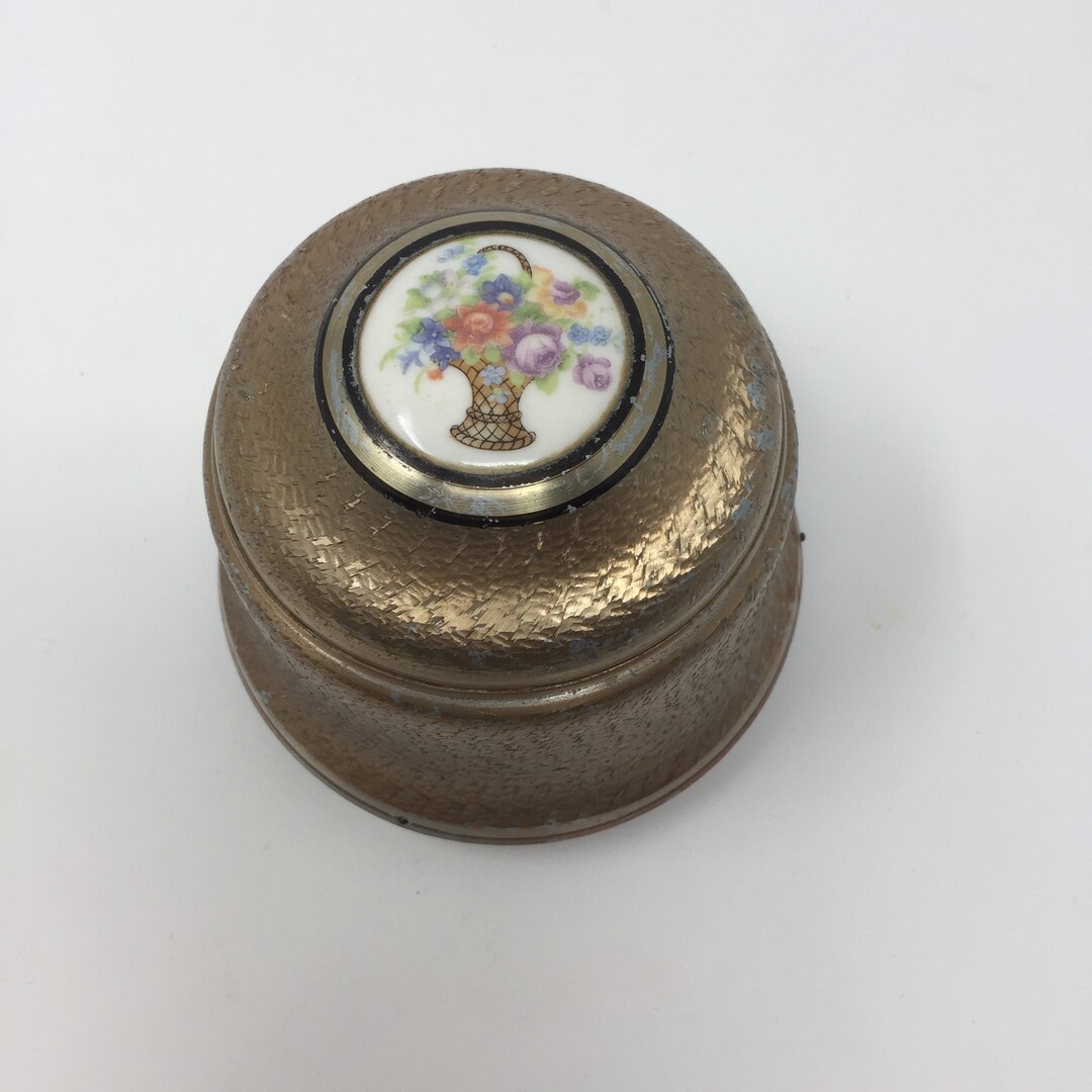 Vintage 1910 Edwardian Gold Toned Metal Powder Box With Porcelain ...