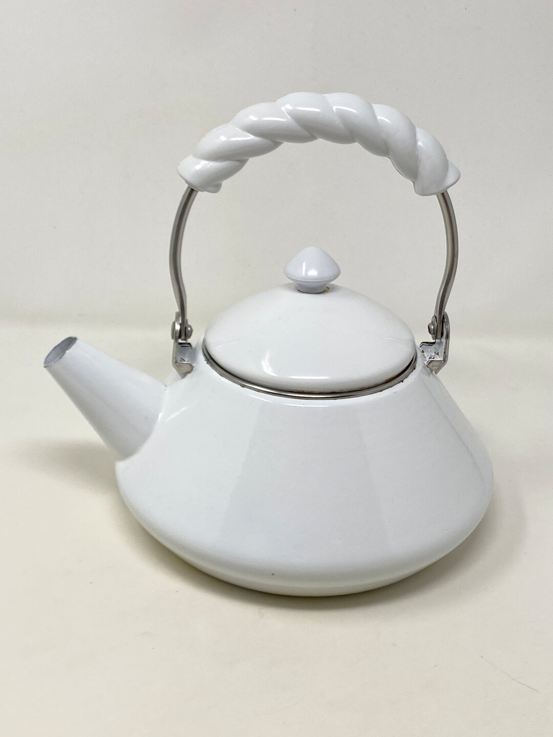 Vintage White Enamel Tea Kettle With Twisted Handle, ", Excellent ...