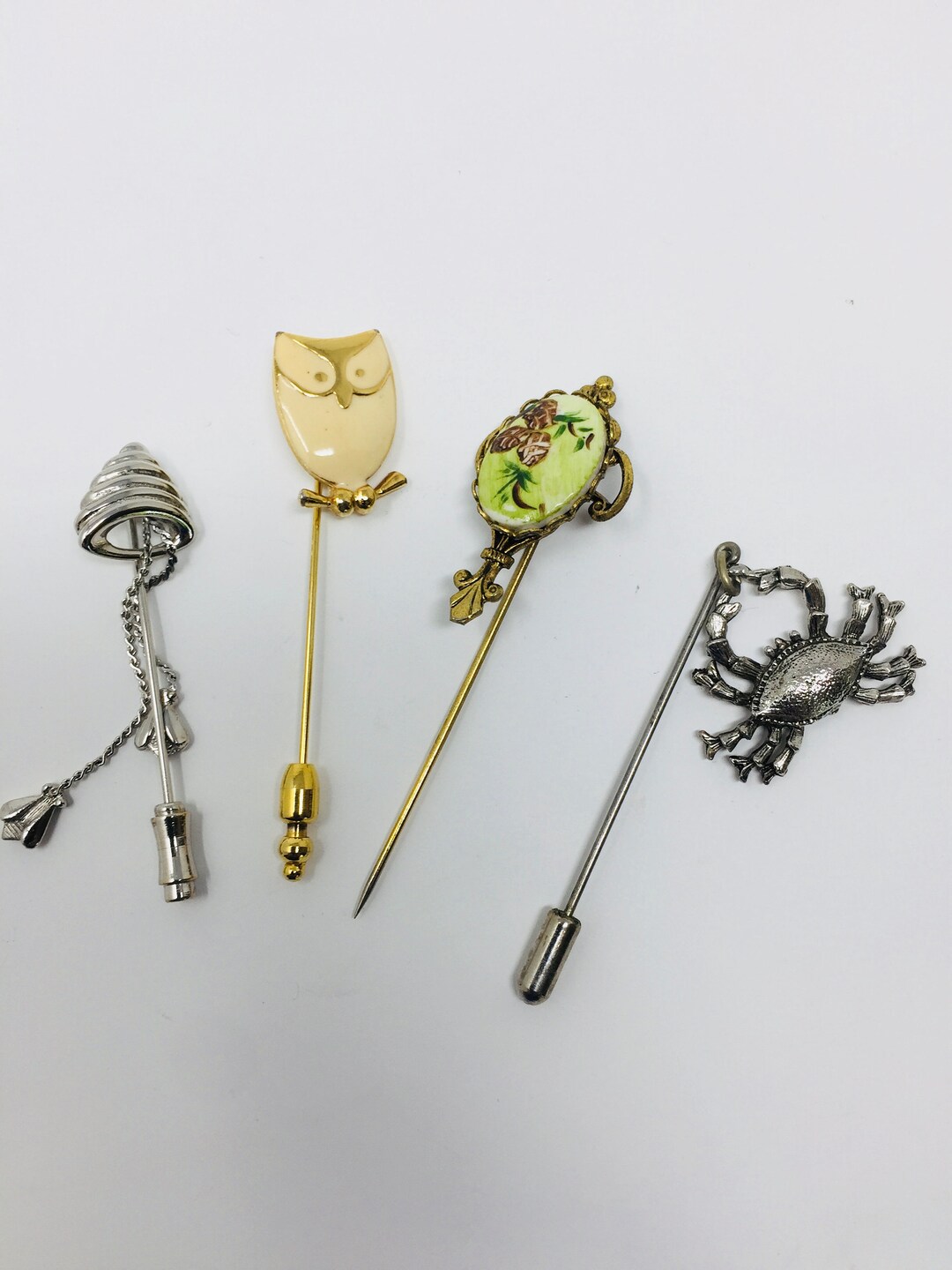 Vintage Stick Pins, Bell, Enamel Owl, Flower, and Crab - Etsy