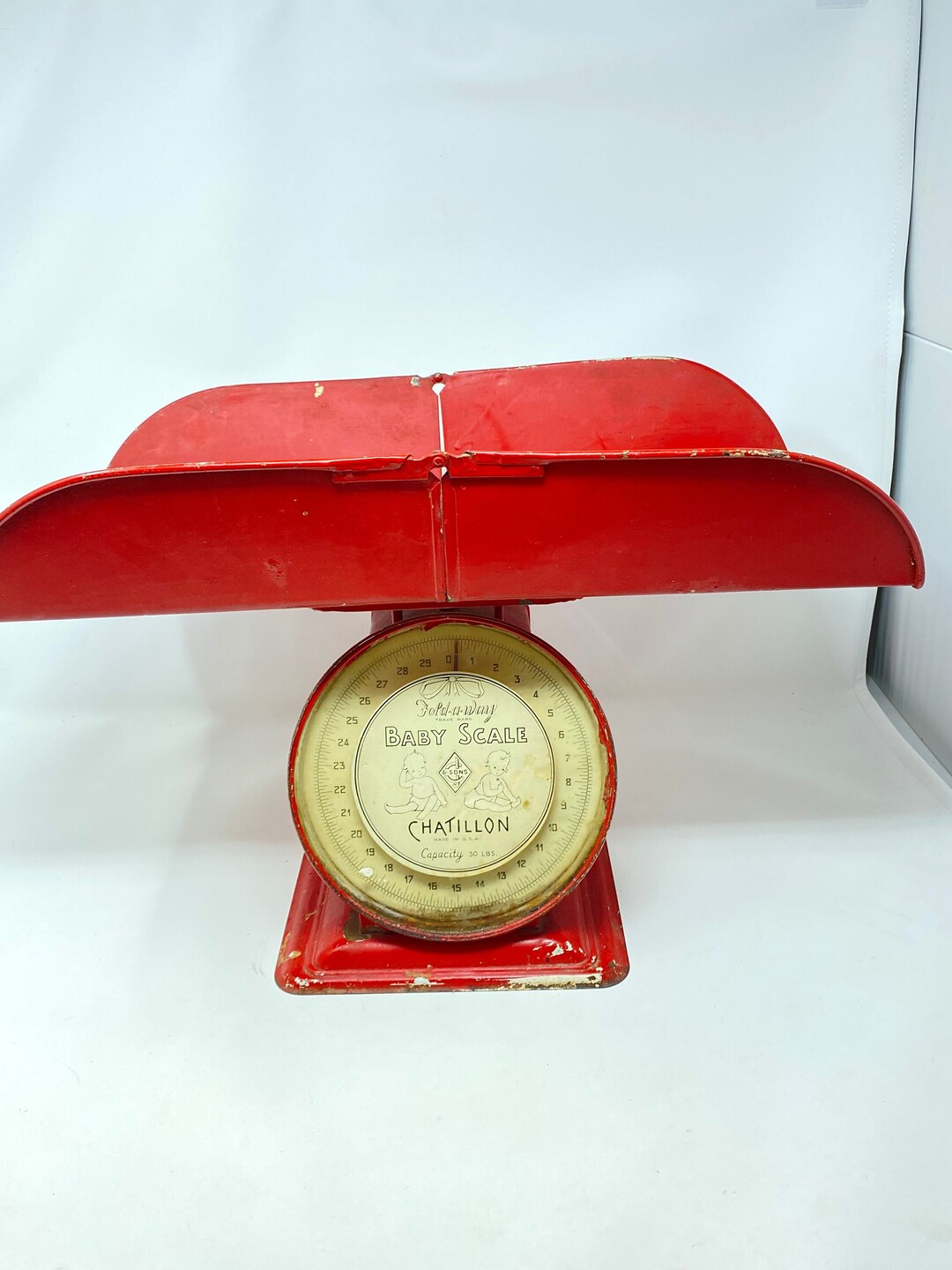 Vintage Red Chatillon Fold-a-way Baby Scale, Weighs up to 30 Lb., Good ...