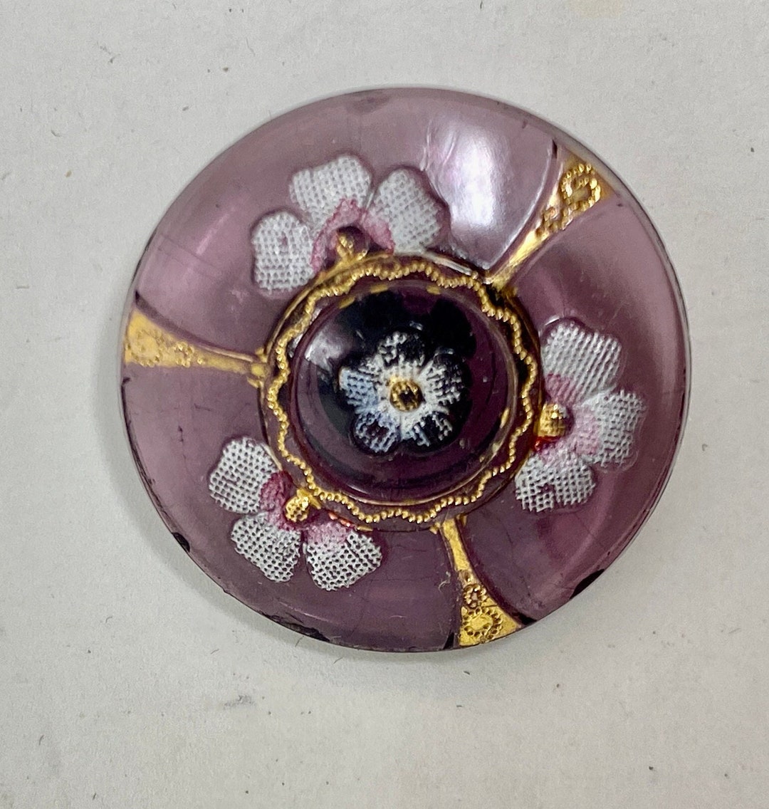 Antique Victorian Clear Purple Glass Button, Triad Pattern, 3 Painted ...