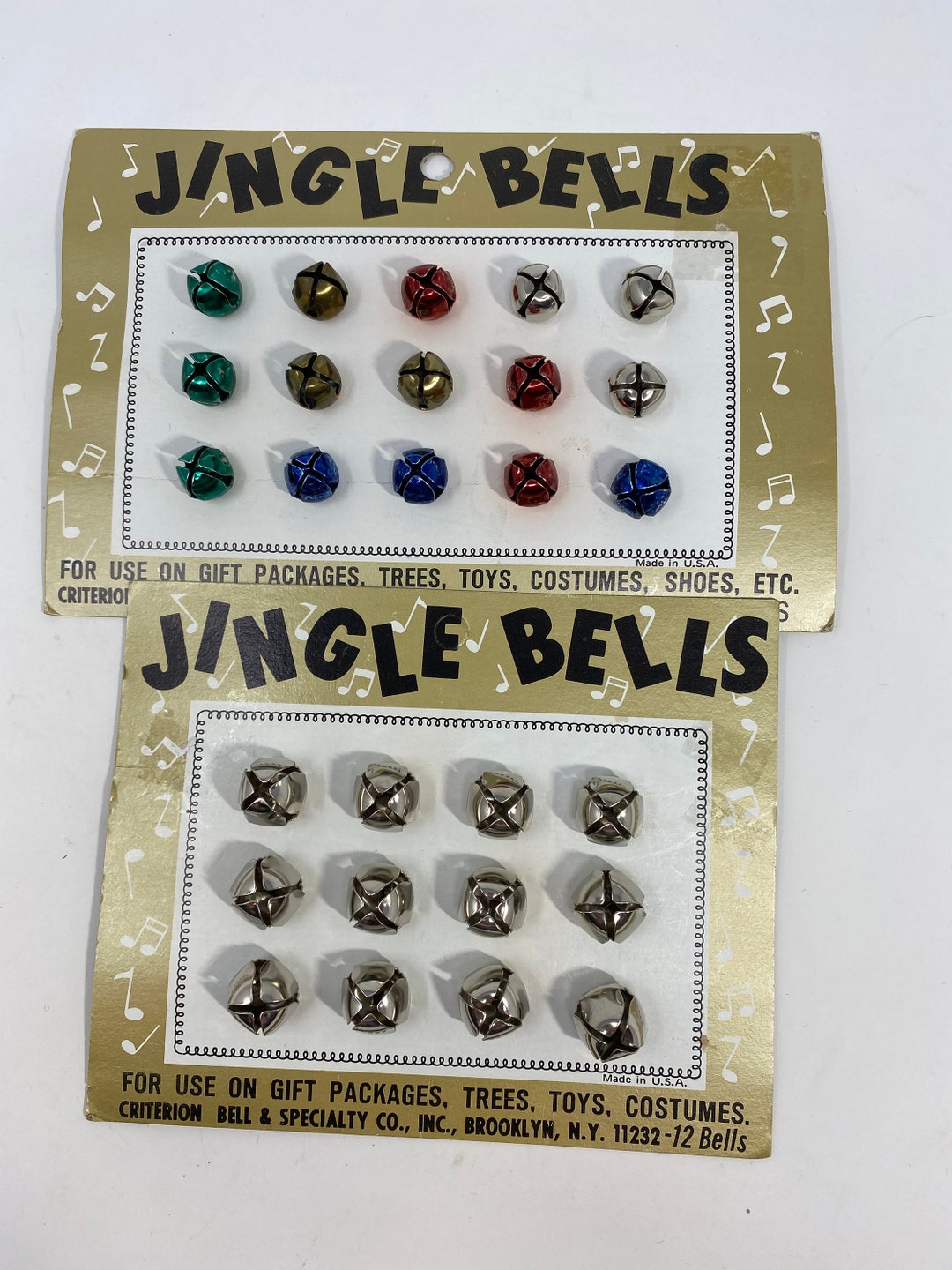 2 Complete Cards of Vintage Jingle Bells, Colored and Silver, 27 Bells ...