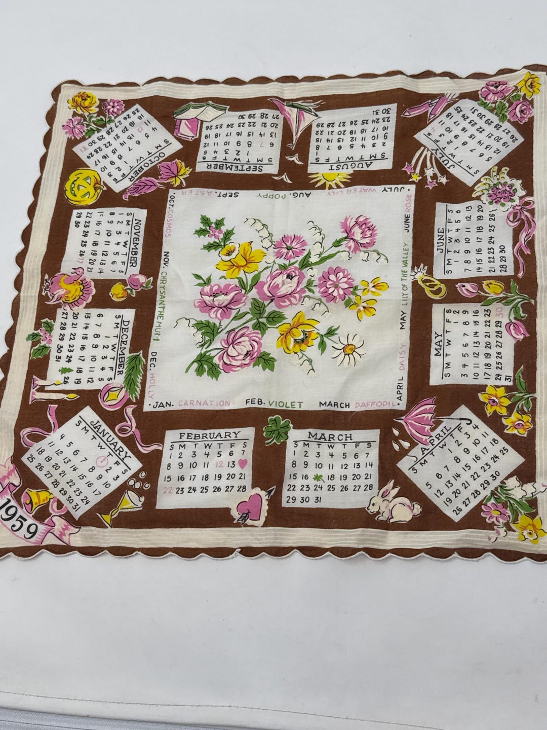 Vintage 1959 Calendar Year Handkerchief, Souvenir, Rolled Scalloped ...