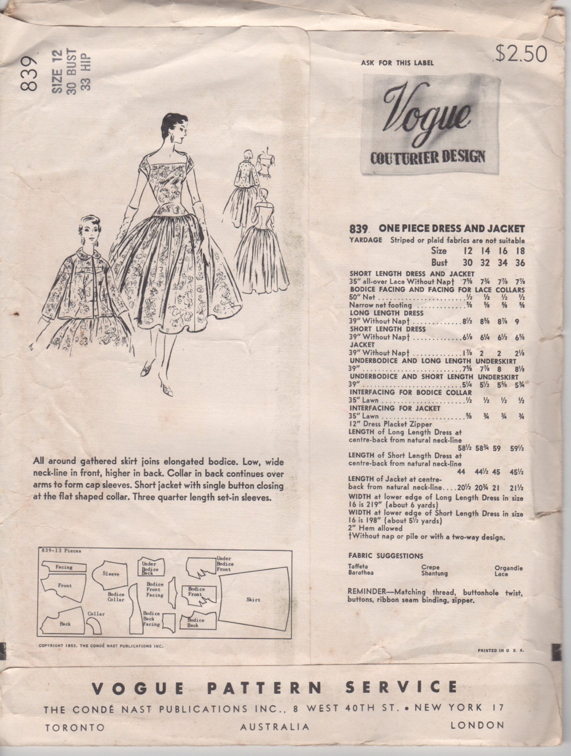 Vogue Couturier Design 839 One Piece Dress and Short Jacket Size 12 30 ...