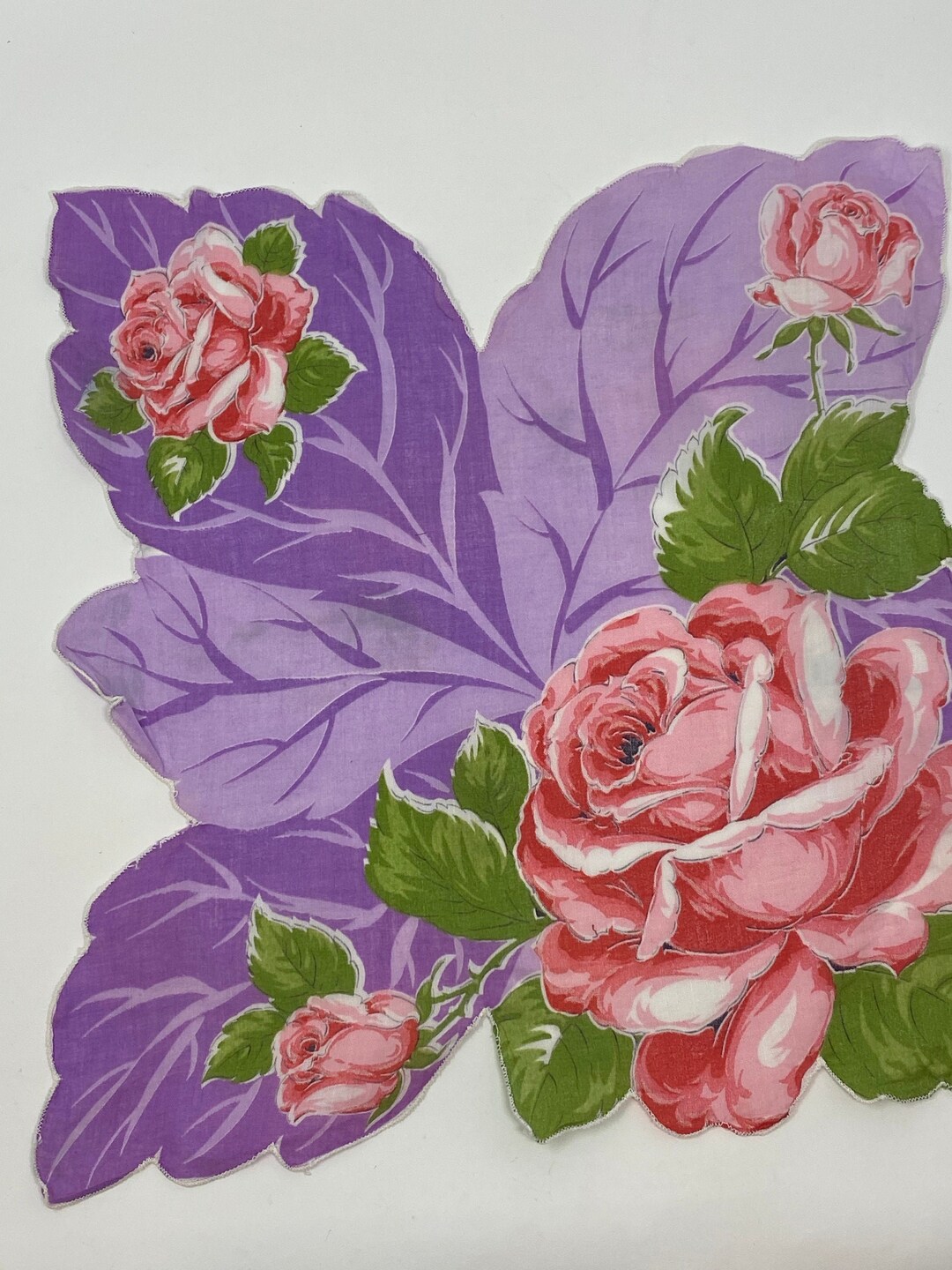 Vintage Handkerchief Giant Huge Purple and Green Leaves and Pink ...