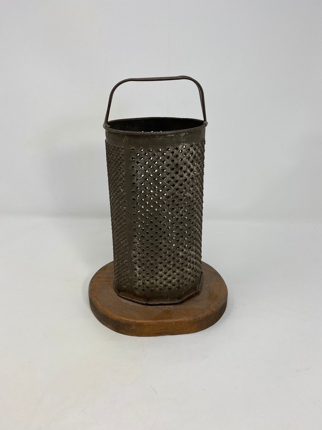 Antique Oval Cylinder Metal Grater With Handle, Mounted on Wood Base ...