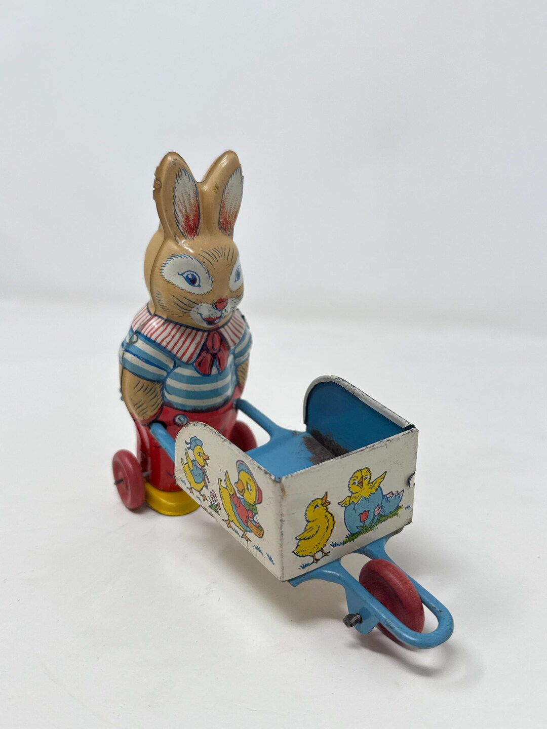 Darling Vintage Tin Wheeled Bunny Rabbit Pushing a One-wheeled Cart, by ...
