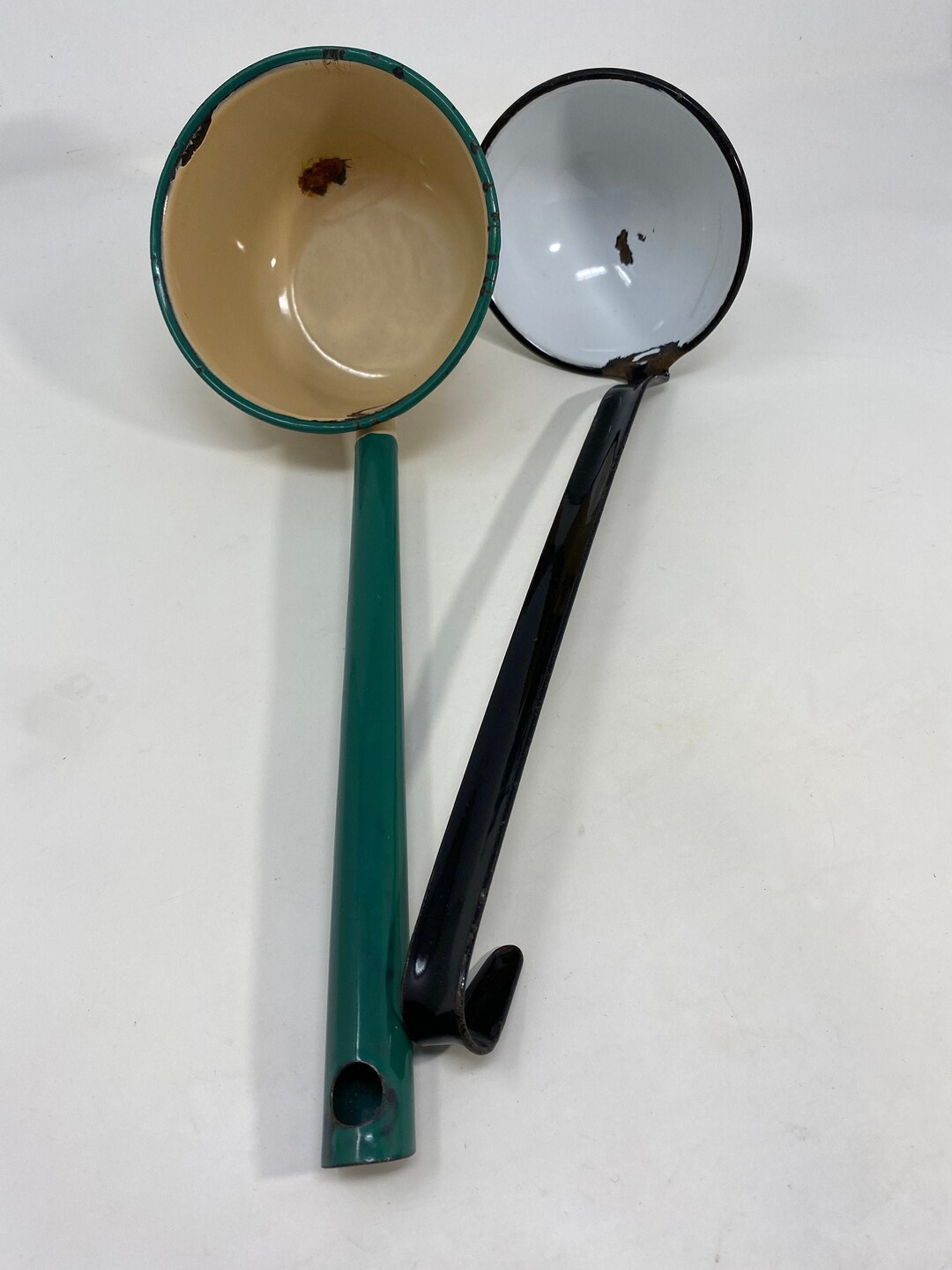 2 Vintage Enamel Ladles, White With Black Trim and Cream With Green ...