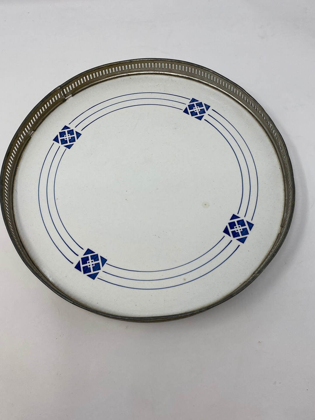 Vintage Round Pewter Gallery Tray With Art Deco Ceramic Insert, Blue ...