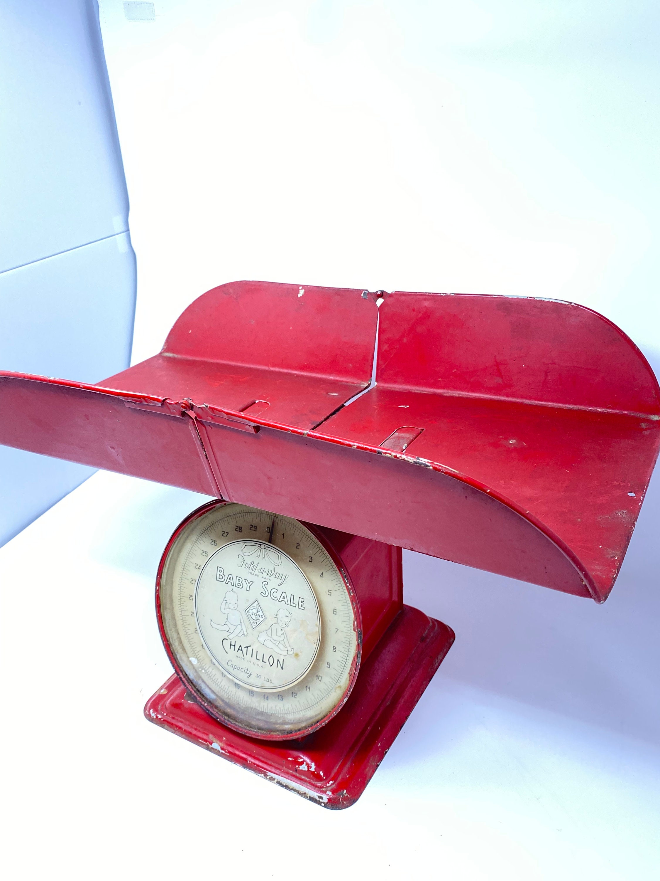 Vintage Red Chatillon Fold-a-way Baby Scale, Weighs up to 30 Lb., Good ...