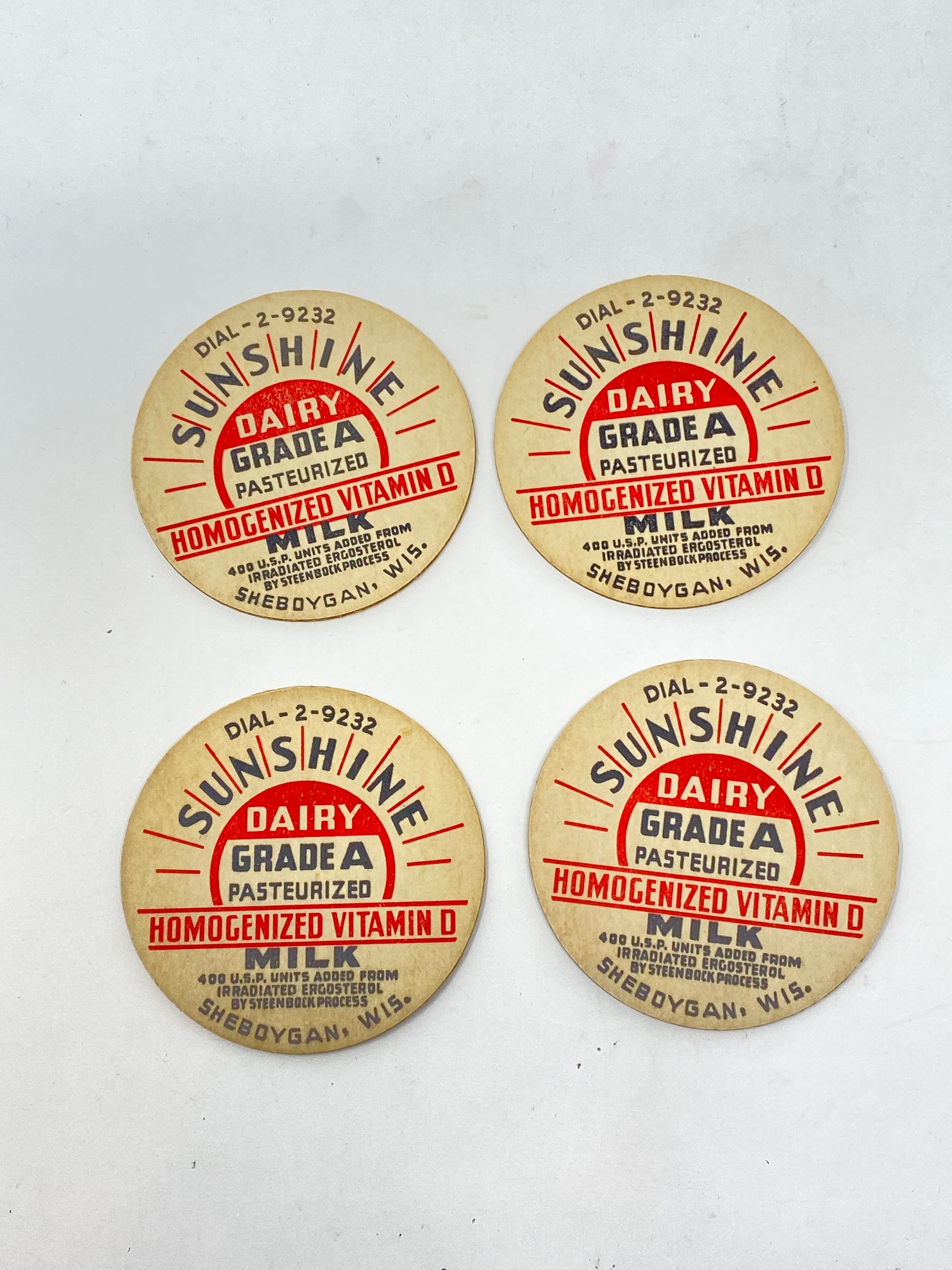 4 Vintage Sunshine Dairy Grade A Milk Bottle Paper Bottle Paper Caps ...