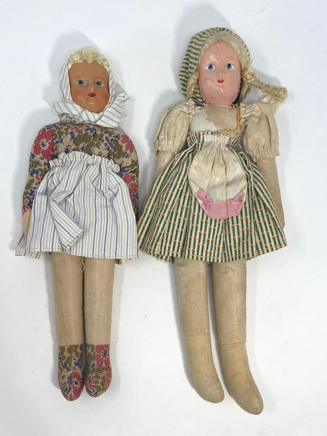 Vintage Polish Rag Dolls With Paper Mache Heads, Marked Poland, 11.5-12 ...