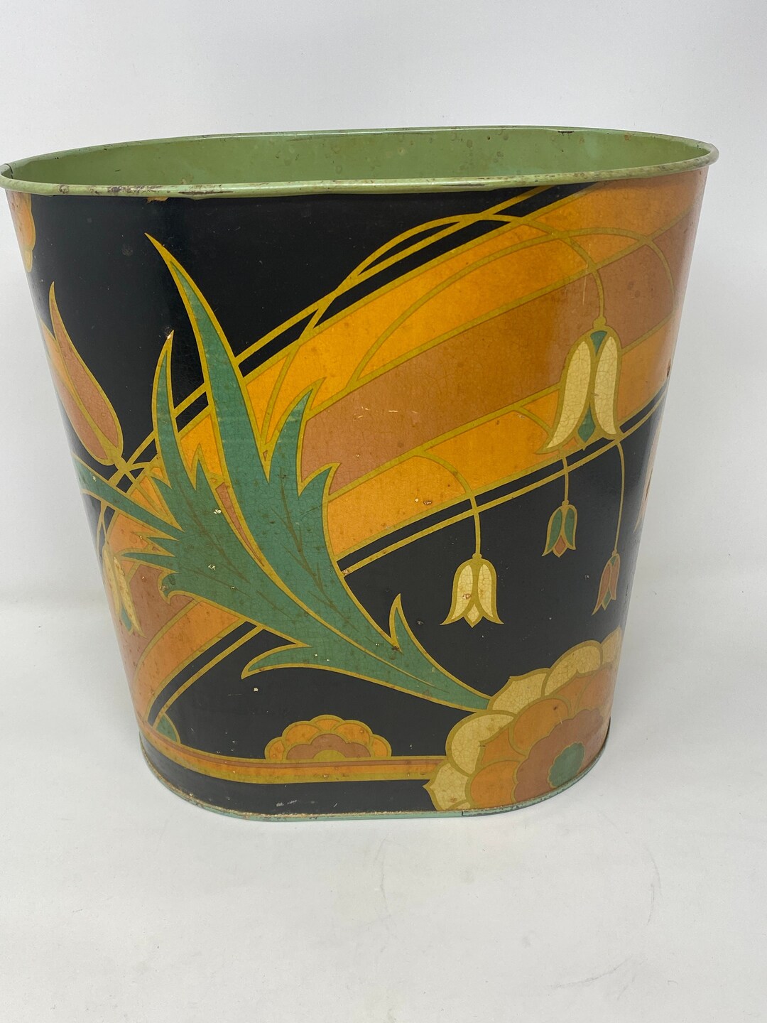 Wonderful Rare Vintage Art Deco Tulips Metal Oval Trash Can, Green ...