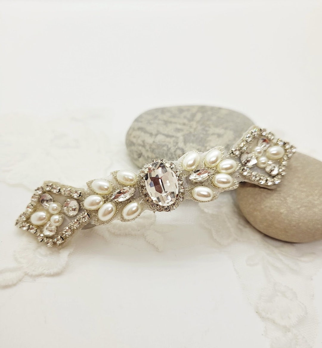 Pearl and Rhinestone Barrette; Wedding Barrette; Large Barrette; Beaded ...