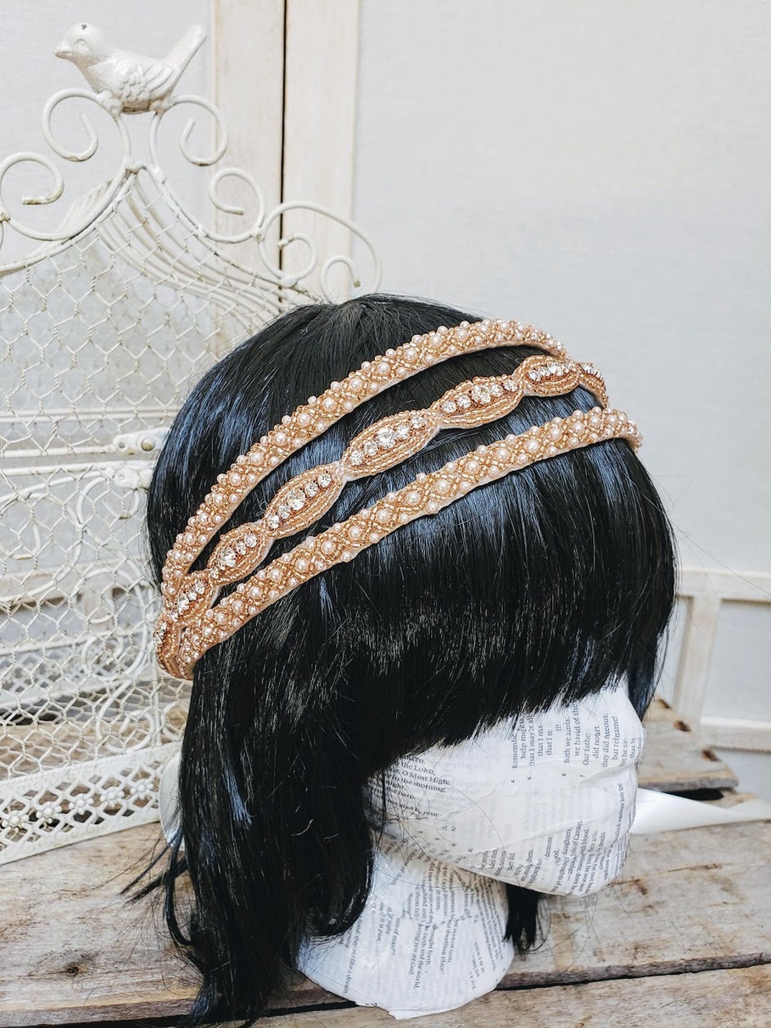 Three Strand Rose Gold Headpiece; Rose Gold Headpiece; Rose Gold Beaded ...