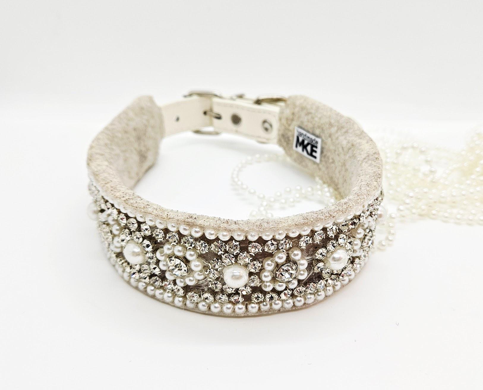 Cream Rhinestone Dog Collar; Wide Fancy Dog Collars; Adjustable Bling ...