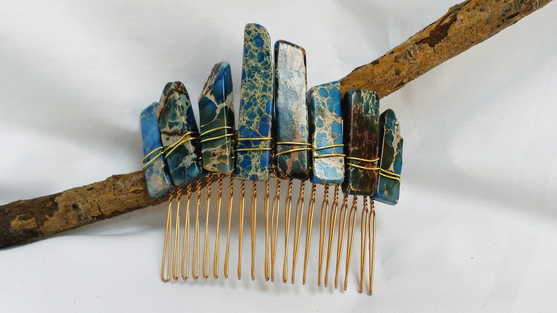 Blue and Gold Wired Comb Long Natural Lapis Lazuli Comb Navy - Etsy