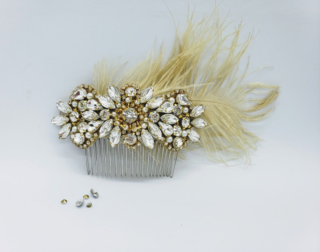 Bold Gold Flapper Comb Gold Bridal Hair Comb Gold Feather Headpiece for ...