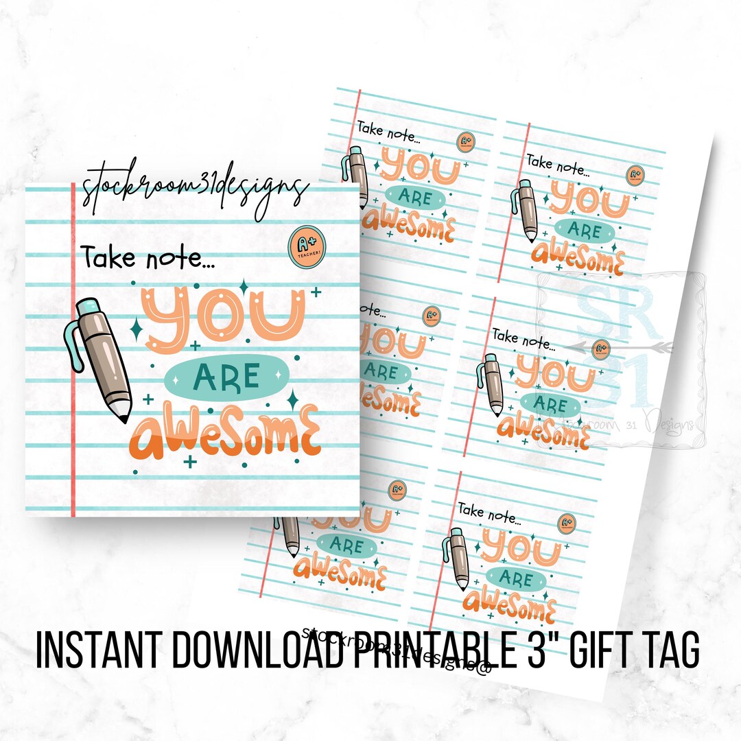 Take Note You're Awesome Gift Tag | DIGITAL DOWNLOAD | Thank You Gift ...