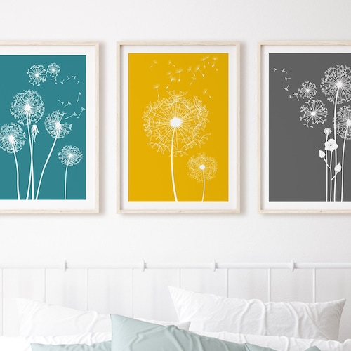 3pc Teal and Yellow Dandelion Prints Teal Wall Art Teal and | Etsy