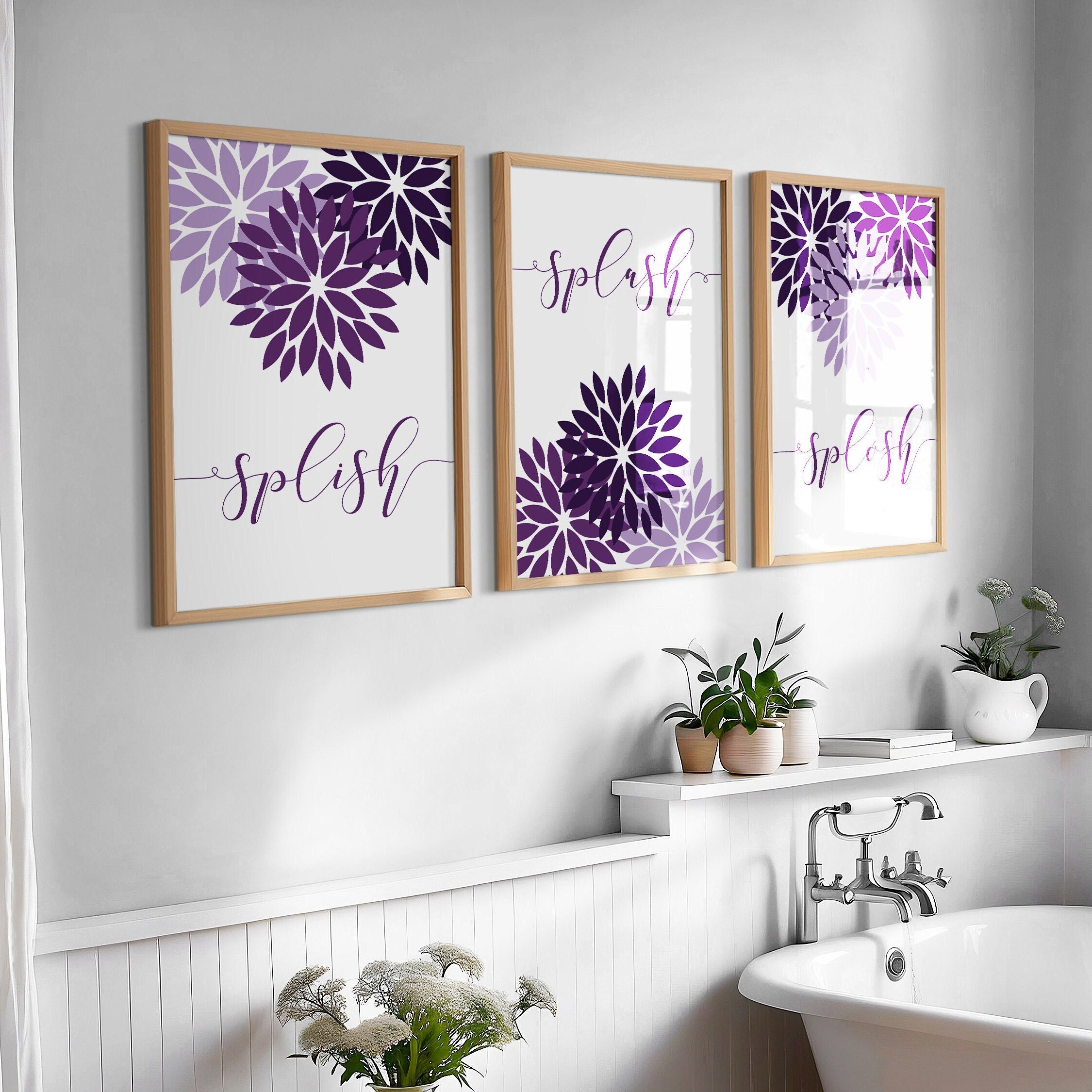 Lavender Bathroom Decor Purple Bathroom Accessories Purple Bathroom Art Splish Splash Print Bathroom Pictures Washroom Decor Set of 3 Etsy