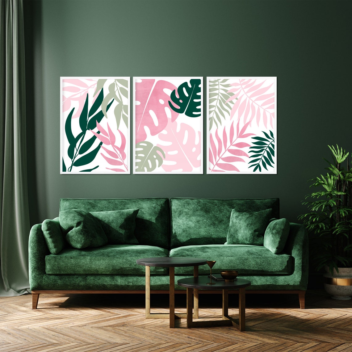 3pc green and pink wall art pink and green art prints green | Etsy