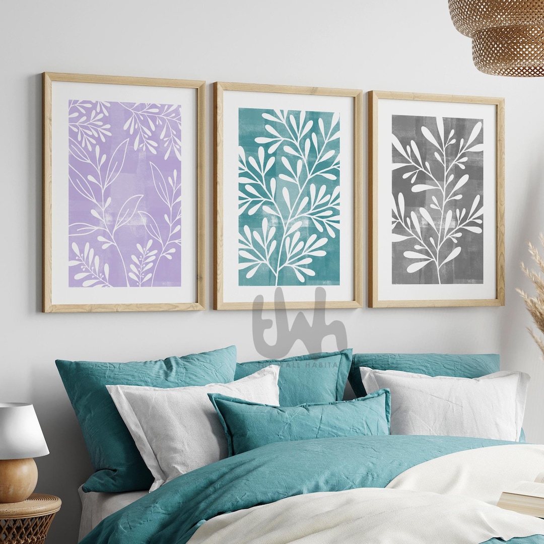 Teal and Purple Botanical Art Prints: Floral Bedroom Decor - Etsy