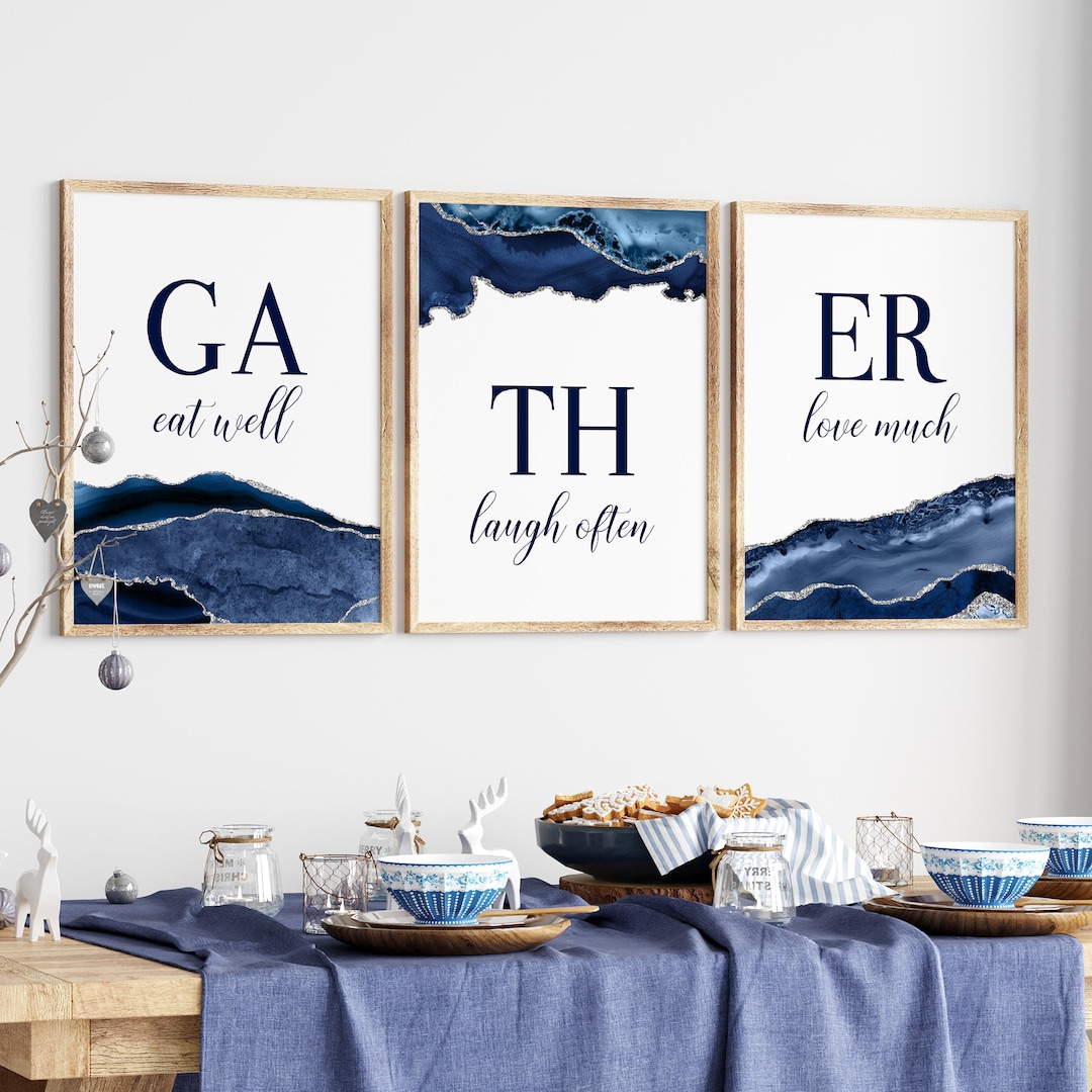 Set of 3 Prints, Eat Laugh Sign Kitchen Sign, Dining Room Prints, Blue ...