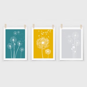 3pc Teal and Yellow Dandelion Prints, Teal Wall Art, Teal and Yellow ...