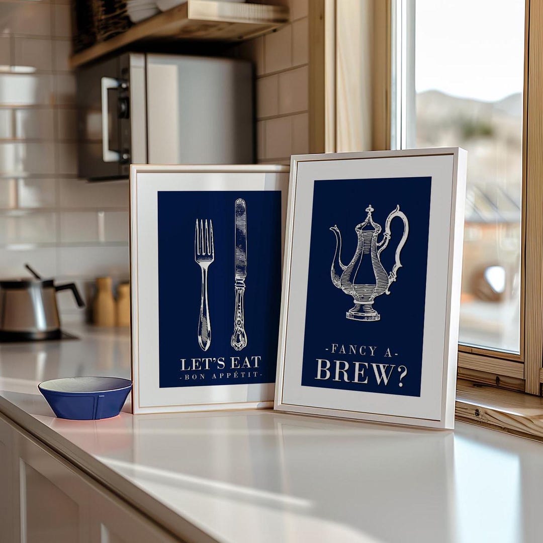Set of 2 Navy Blue Kitchen Wall Art, Blue Kitchen Decor, Blue Kitchen ...