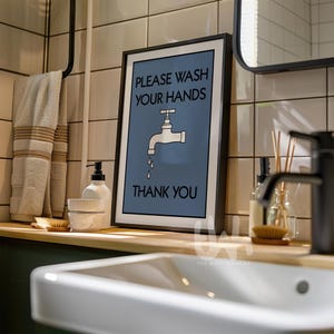 Blue Bathroom Print: Wash Your Hands Sign, Toilet Door Art - Etsy