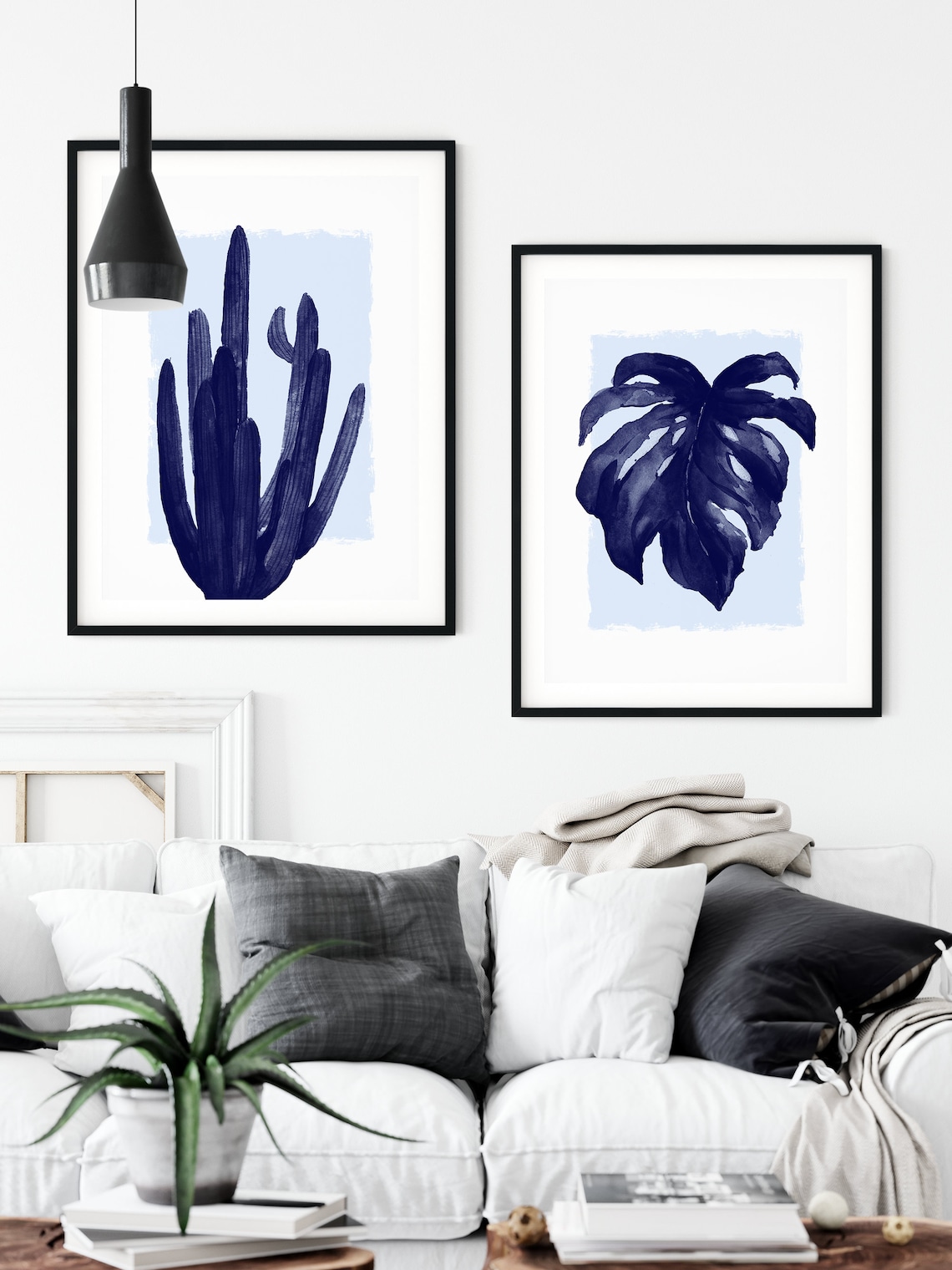 Botanical Navy Blue Printsblue wall art blue art prints | Etsy