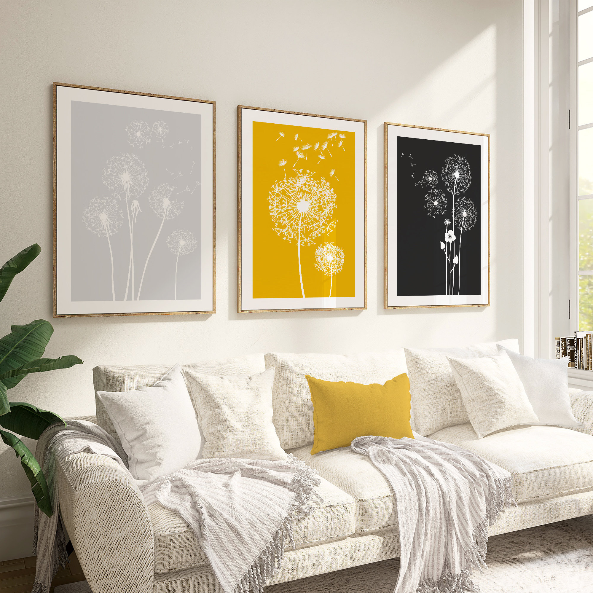 Grey couch yellow walls store
