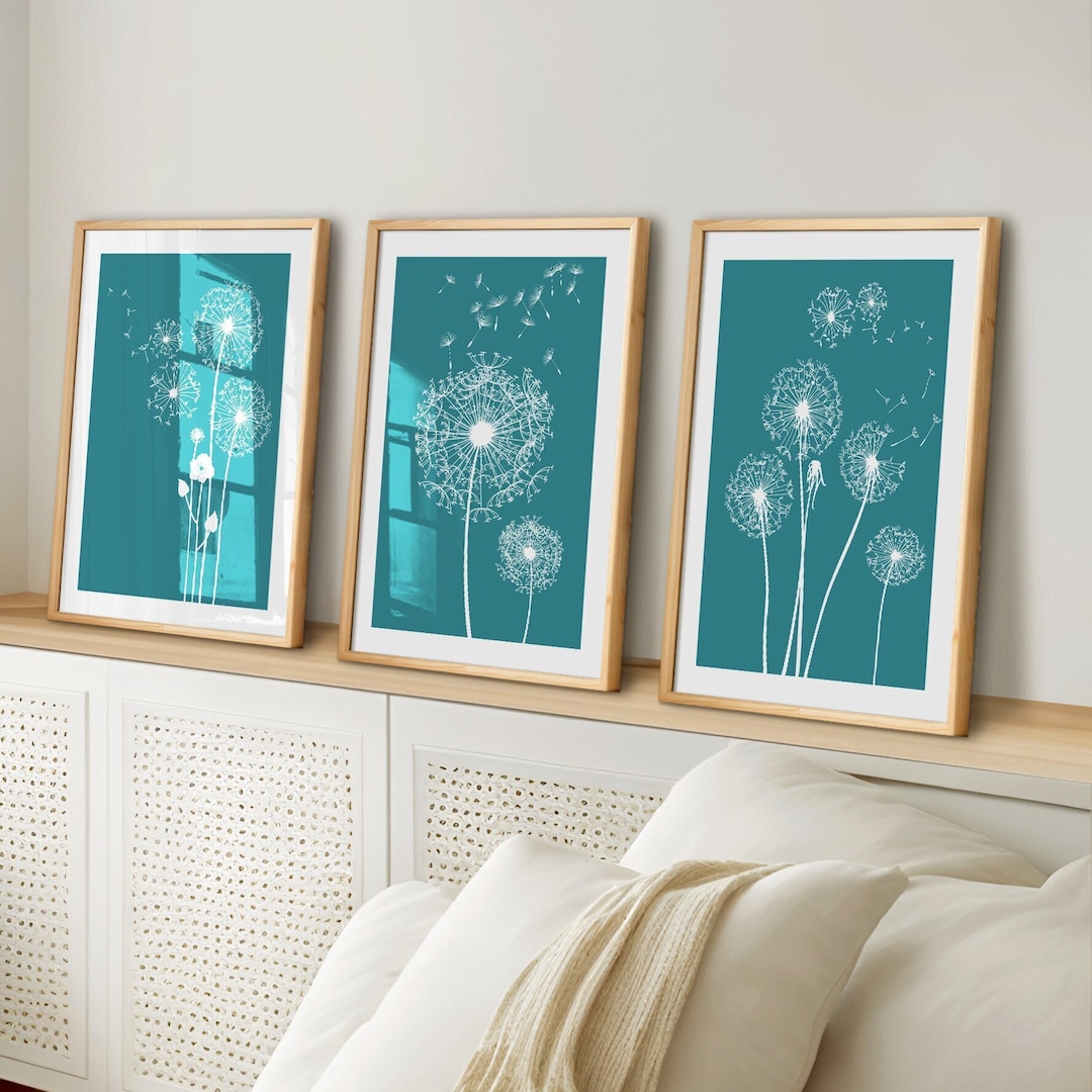 3pc Teal Dandelion Prints, Teal Wall Art, Teal Home Decor, Dandelion ...