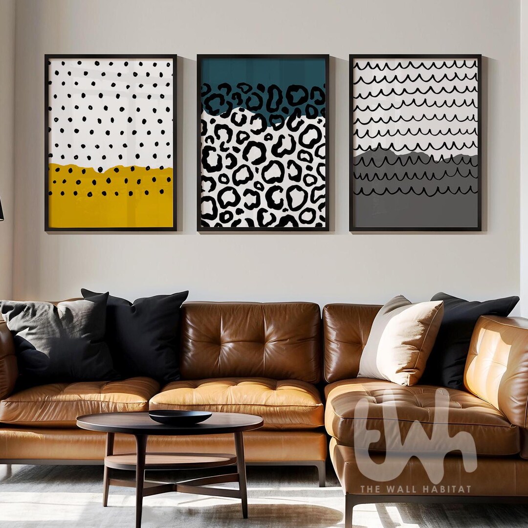 Set of 3 Teal and Yellow Abstract Art, Teal Yellow Grey, Teal Living ...