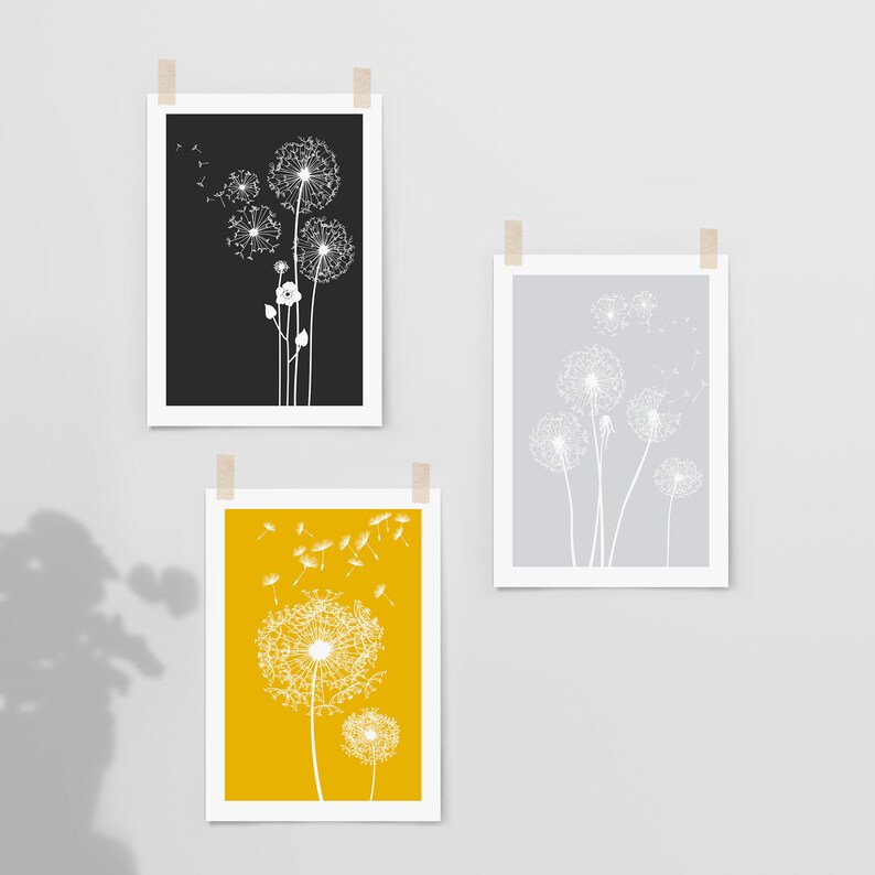 Mustard Yellow Dandelion Wall Art Prints: Set of 3 - Etsy
