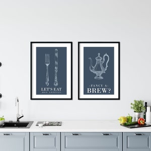 2pc Retro Blue Kitchen Wall Art, Blue Kitchen Decor, Blue Kitchen Art ...