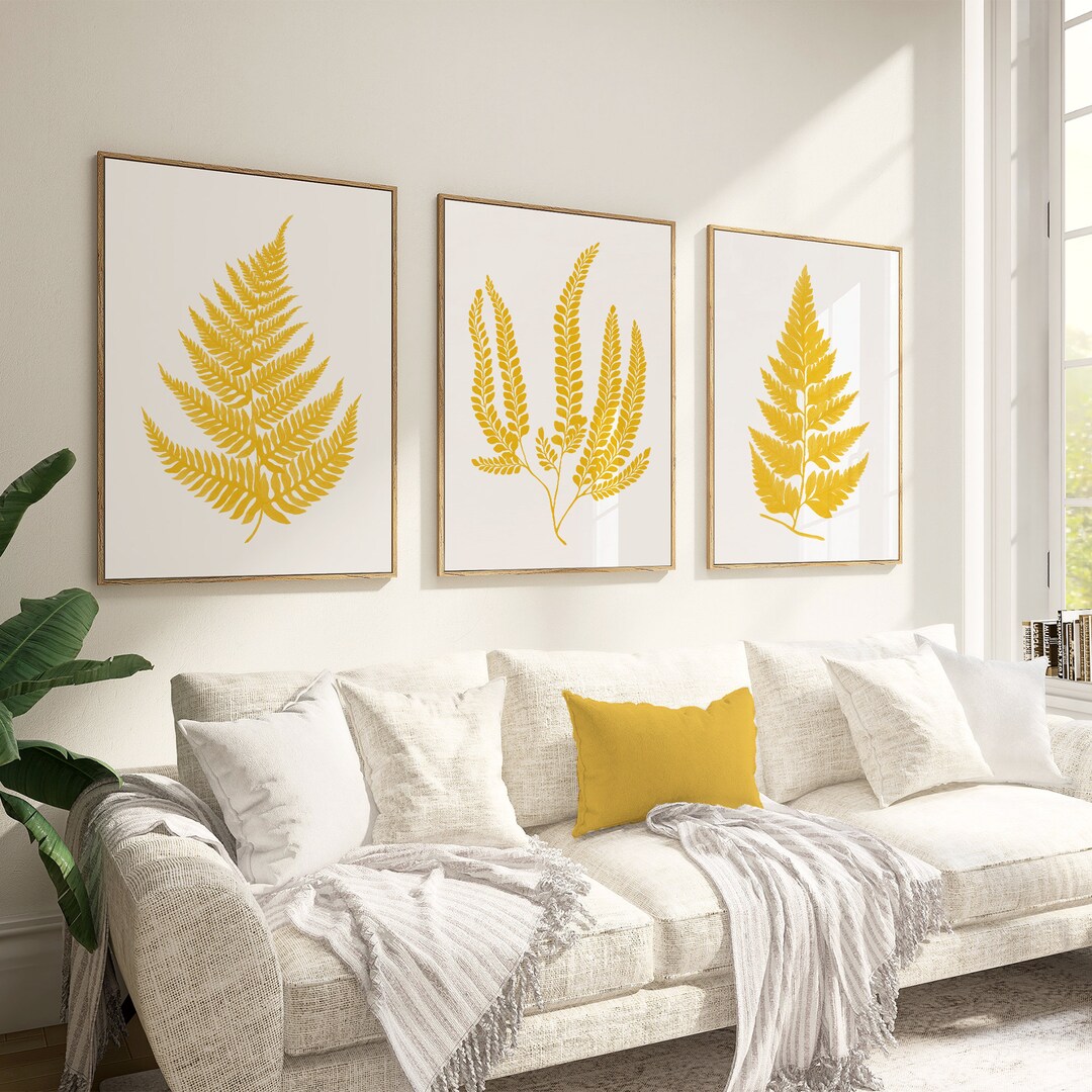 Mustard Bathroom Fern Leaf Prints | Set of 3 Botanic Wall Art | Yellow ...